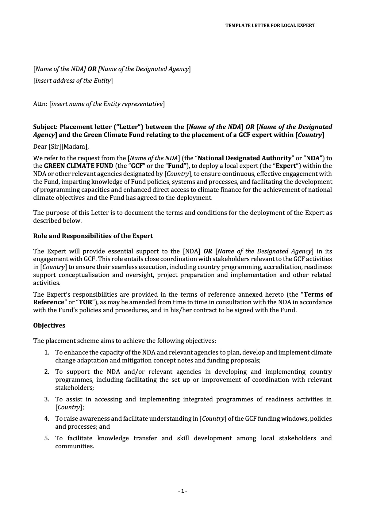 Letter of Agreement template | Green Climate Fund
